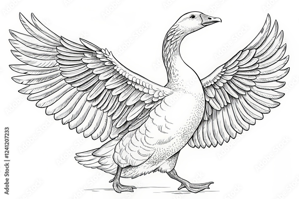 farm theme, Illustration of a goose with wings spread in a graceful ...