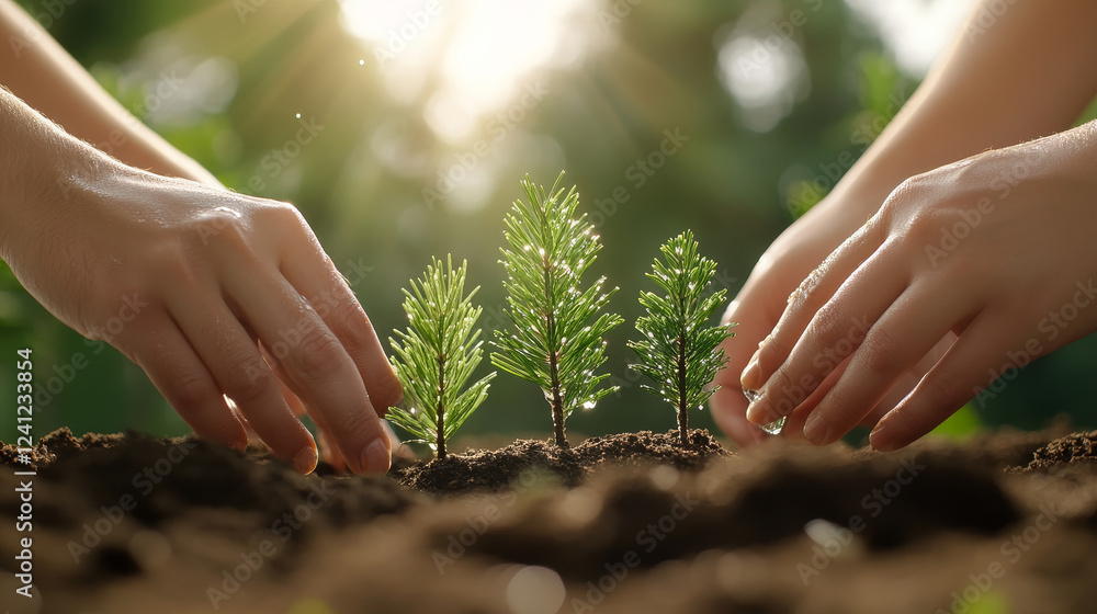 Nurturing young pine saplings in rich soil, hands gently planting with ...