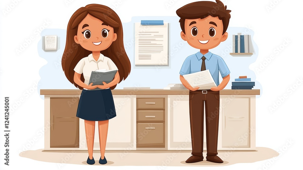 Cartoon office scene with smiling female and male characters holding ...