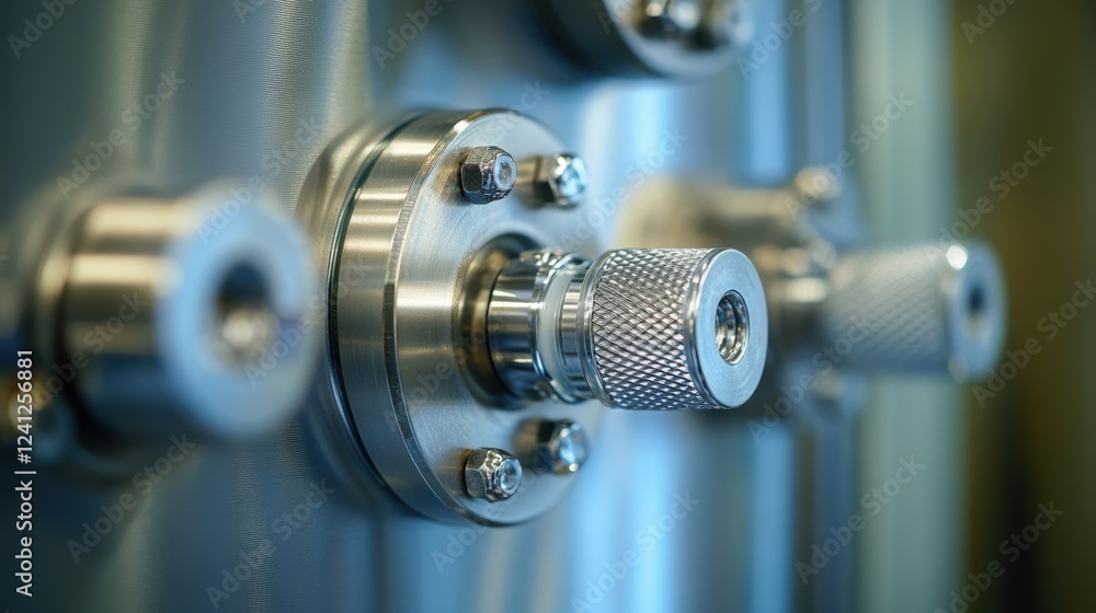 Closeup of a sampling port on the bioreactor showing a collection tube ...