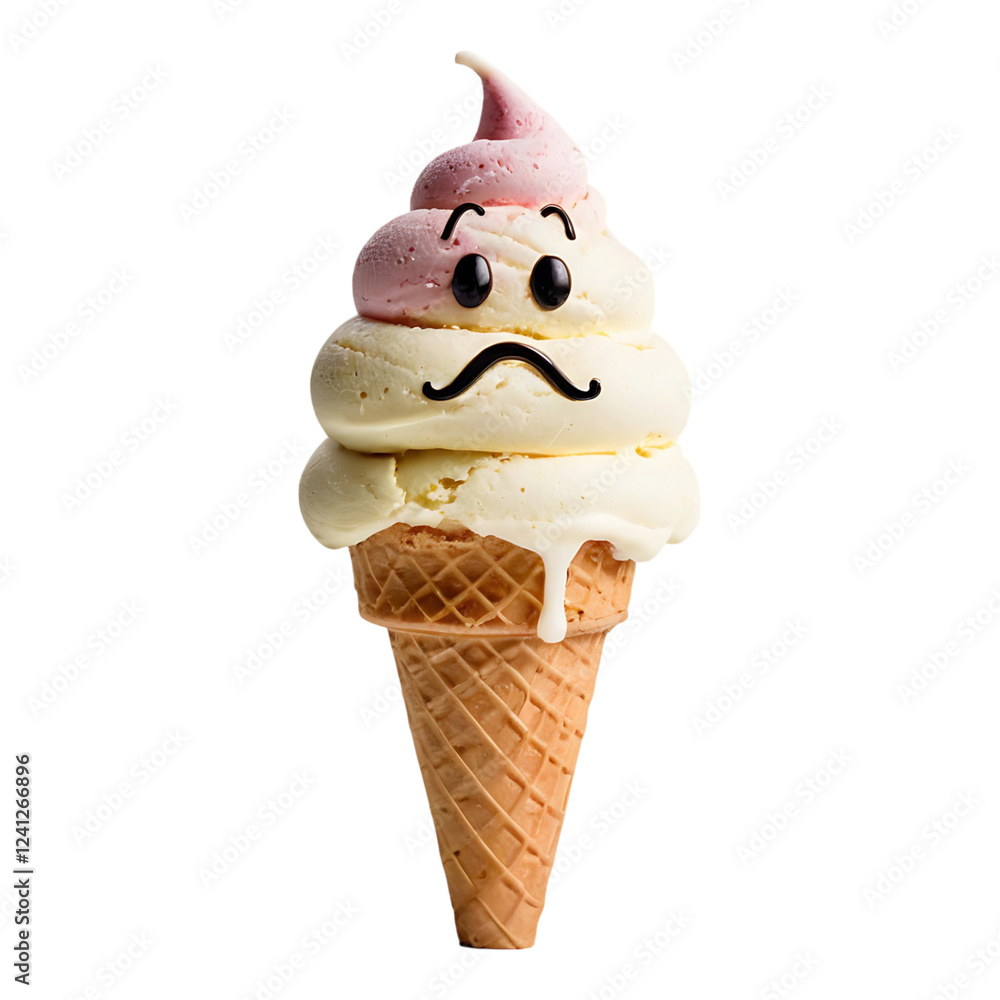 Funny ice cream cone with a mustache, cartoon-style face, and vanilla ...