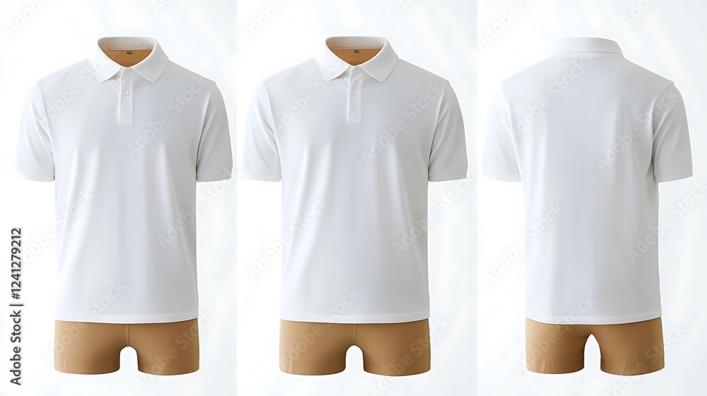 Front, side, and back views of a plain white polo shirt displayed on a ...