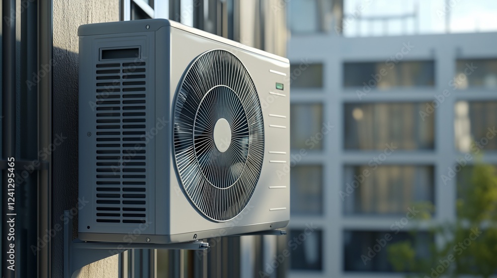 Outdoor air conditioning unit mounted on a building wall with a large ...