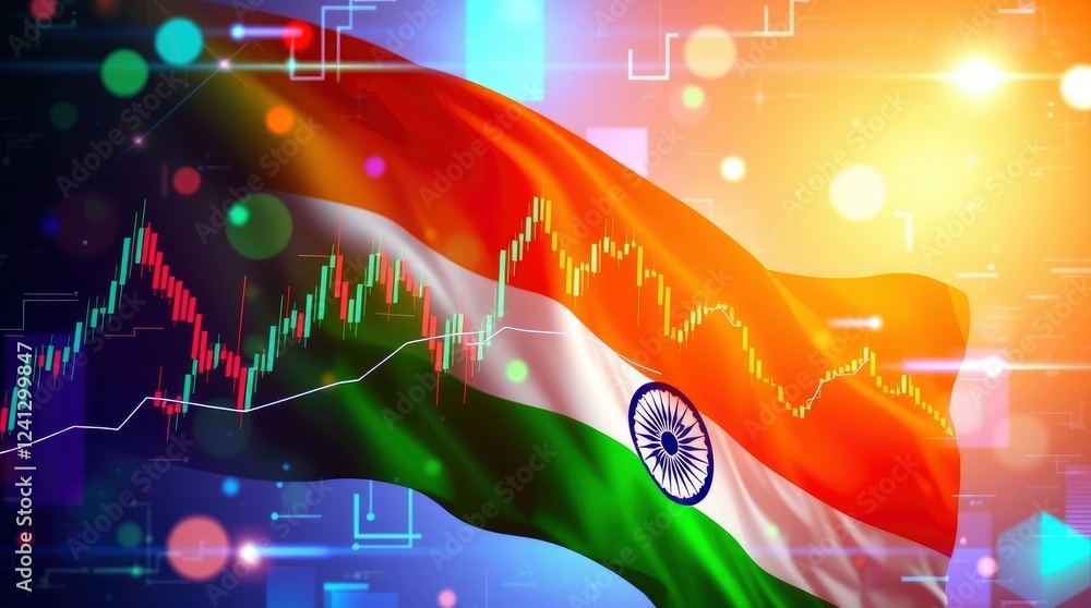 Indian flag, stock market chart, financial data, glowing lights ...