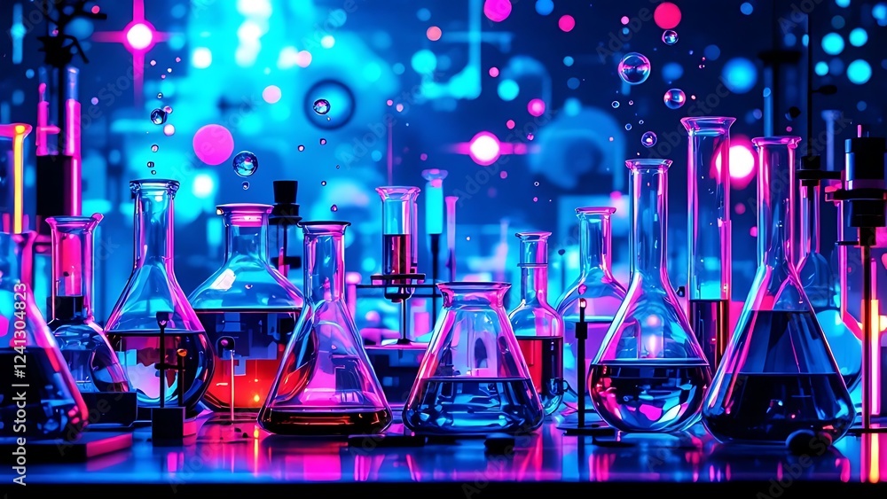 Chemical science laboratory banner with test tubes, beakers, and ...