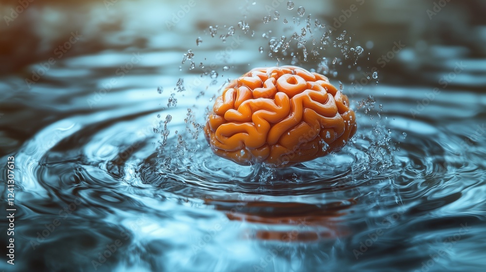 Brain splashing into water creating ripples and droplets an artistic ...