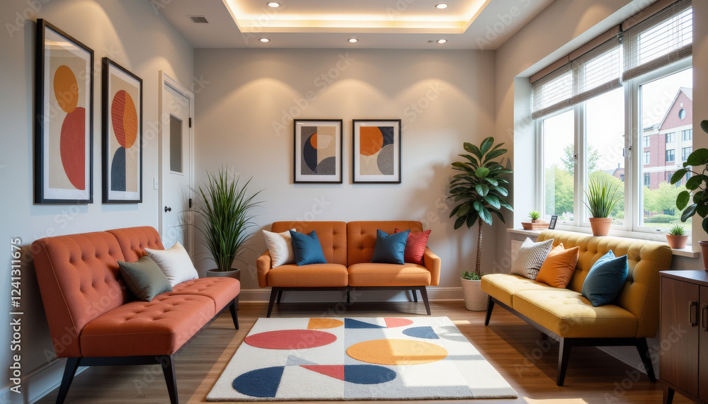 Colorful and inviting psychologist's office interior for therapy ...