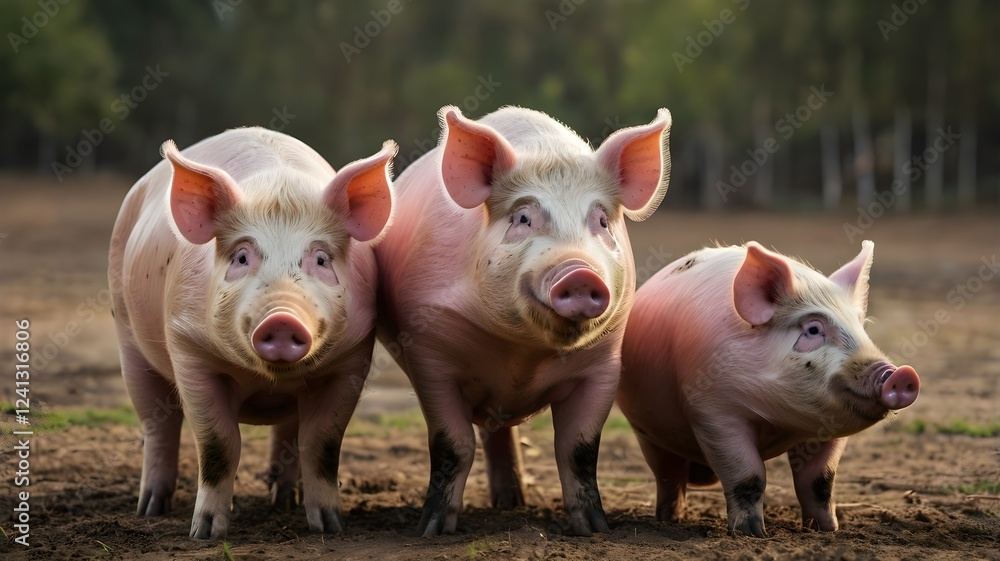 three big pigs, different angle, isolated far apart on transparent ...
