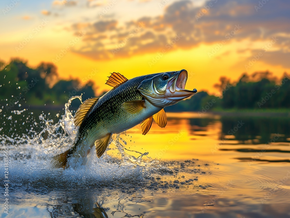Jumping largemouth bass, A largemouth bass leaps from the water with a ...