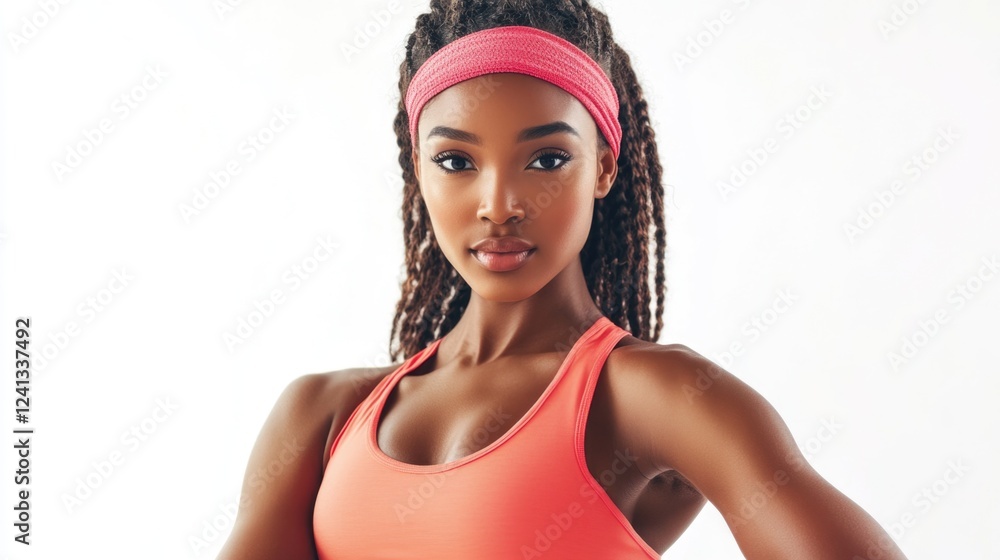 Beautiful African American woman in vibrant coral fitness attire posing ...