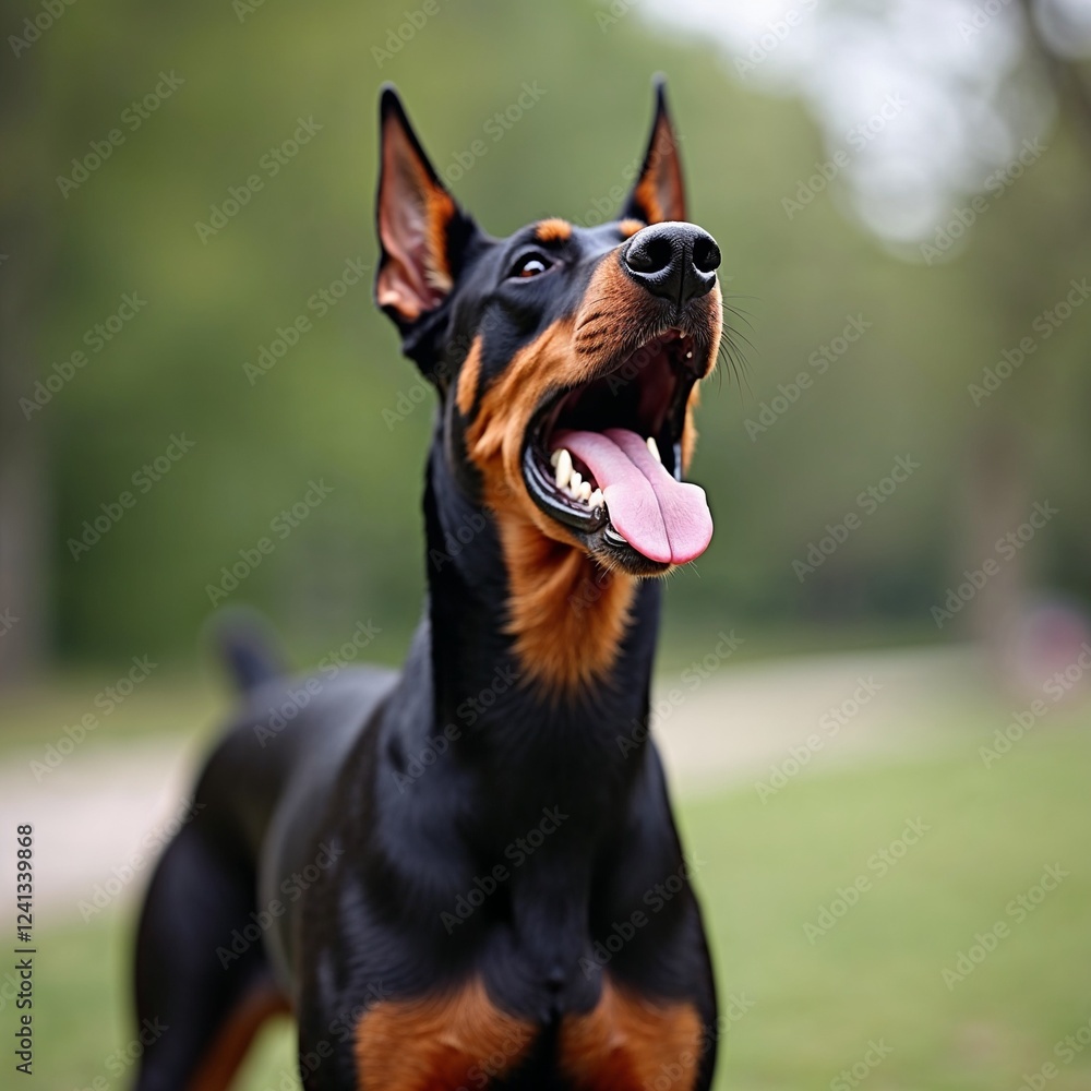 Doberman Standing Guard Behind a Fence, Barking with Intensity in a ...