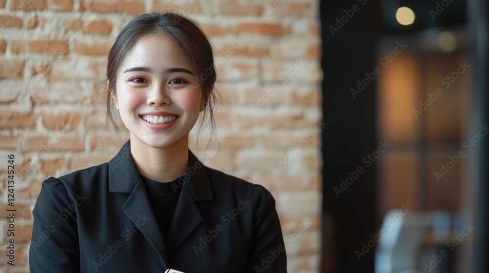 Smiling Asian woman in black uniform holding organizer, standing in ...