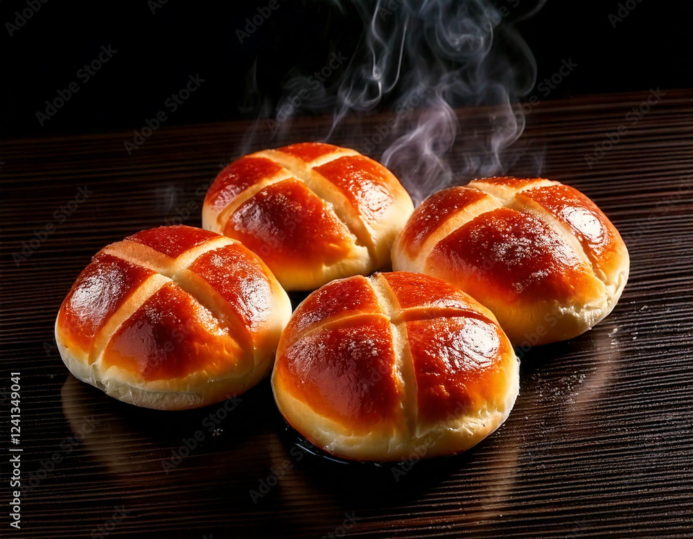 fresh baked hot crossed buns with smoke illustrations in black dark ...