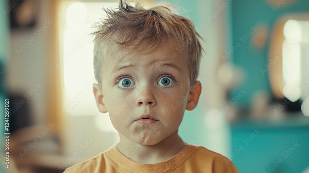 Nervous young boy with tousled blonde hair expressing fear during ...