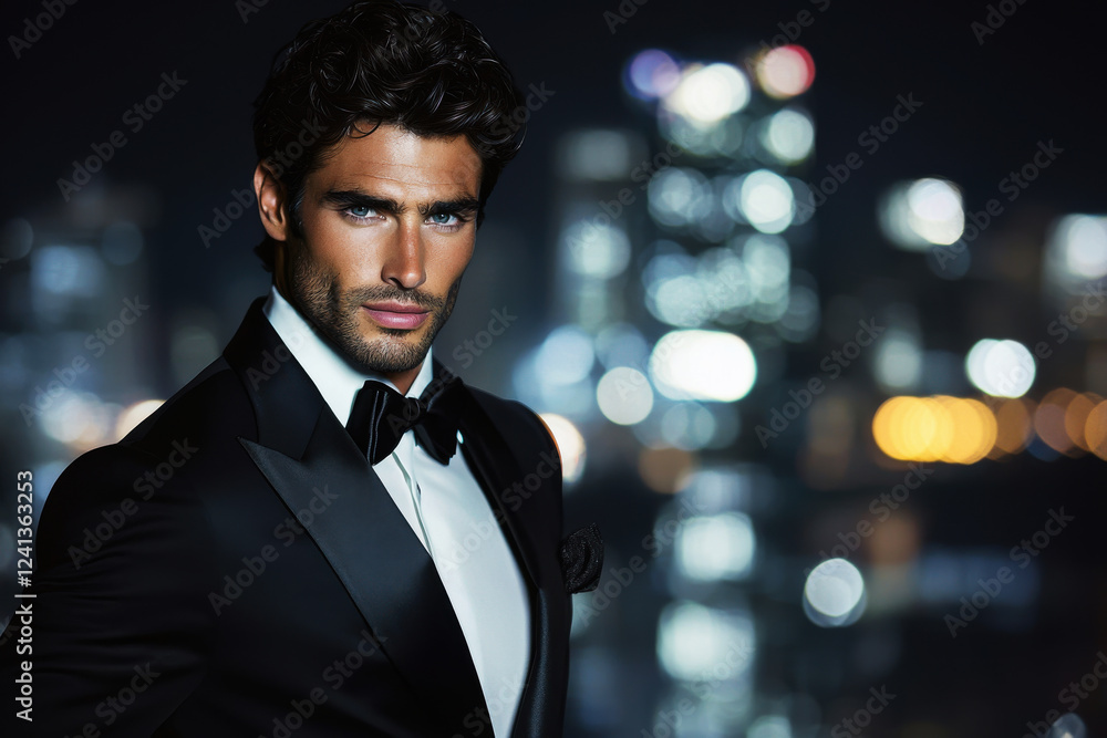 Male model posing in a sleek tuxedo with a blurred cityscape backdrop ...