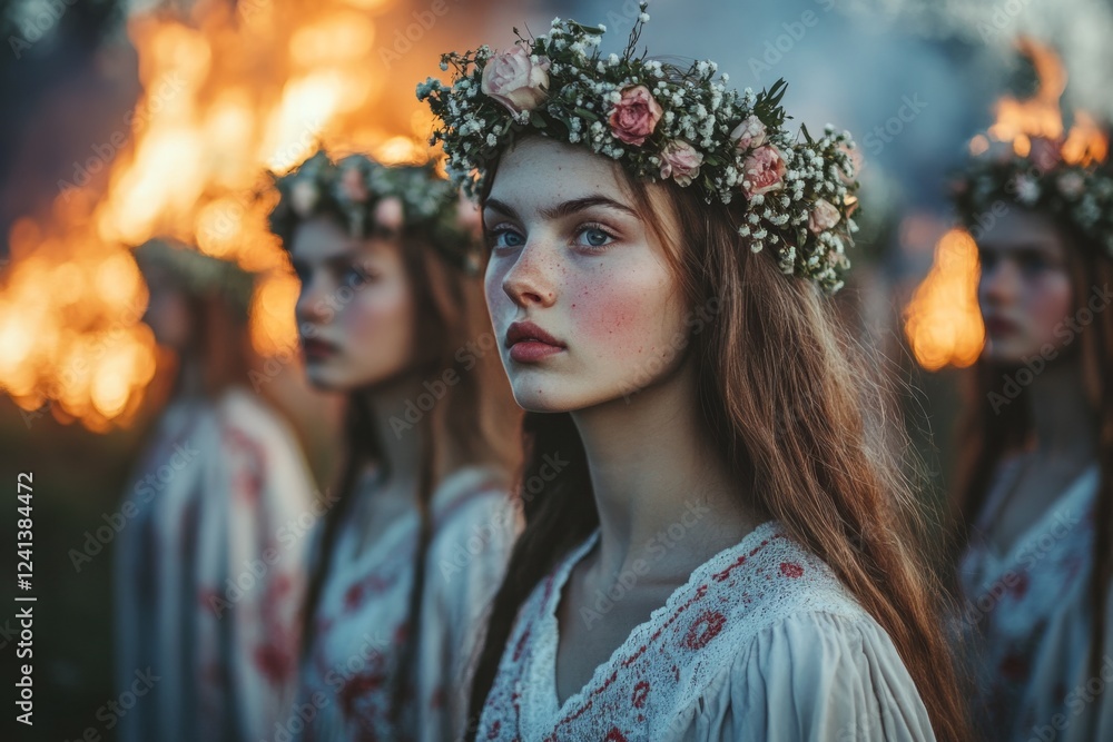 Beautiful girls wearing flower crowns celebrating midsummer eve by the ...