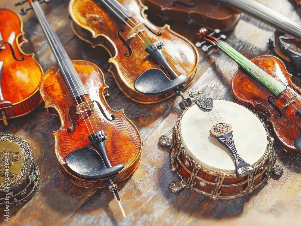 Creating a closeup illustration of traditional irish instruments like ...