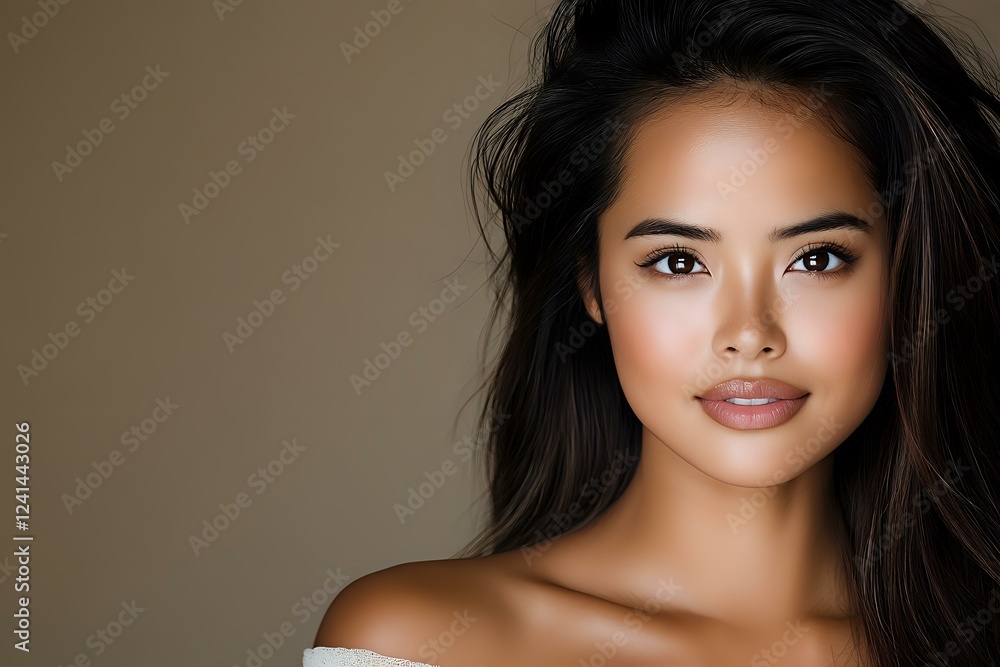 Young Asian woman with natural makeup and flowing dark hair against ...