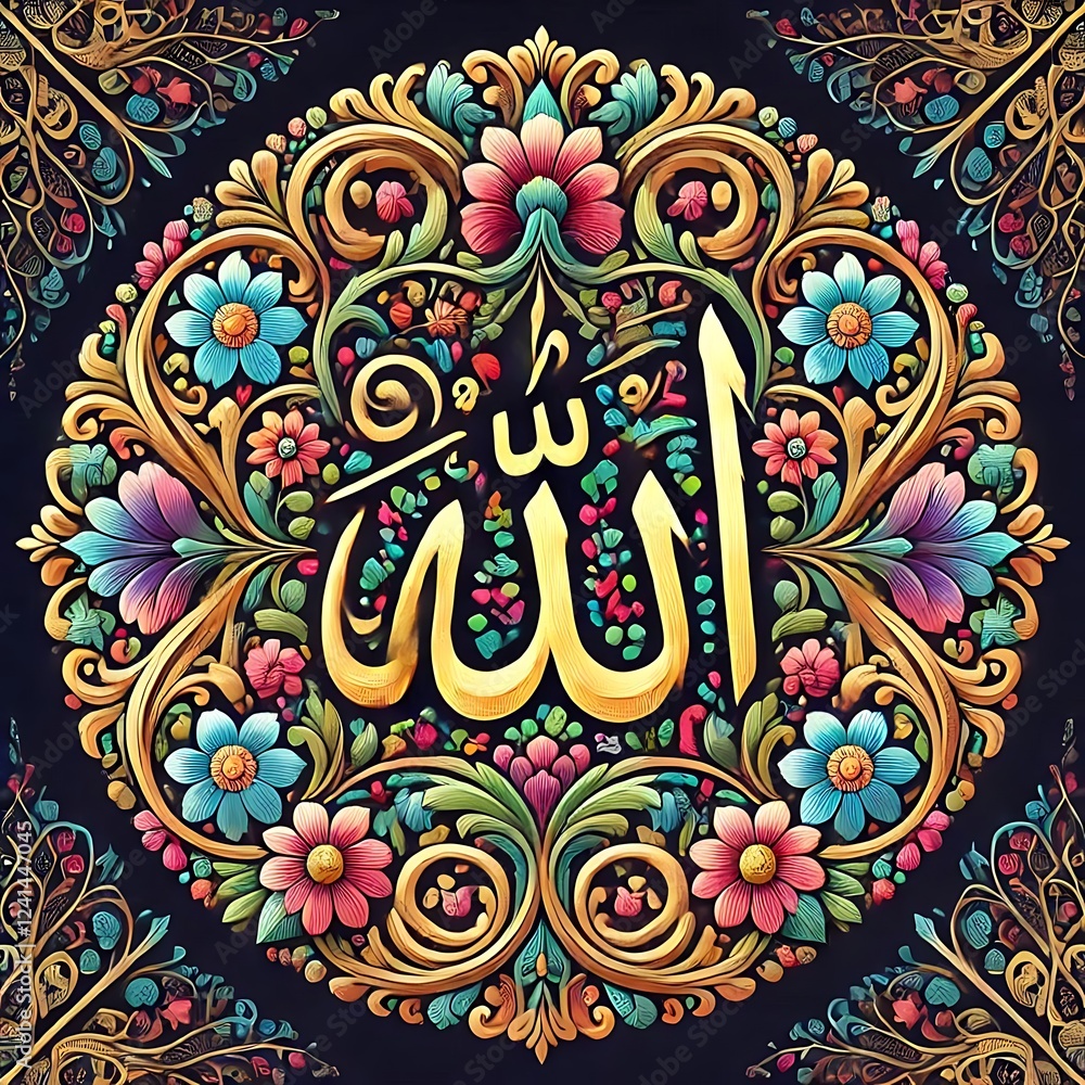 Allah: Golden Crescent Moon and Mosque in Urdu Calligraphy, Allah ...
