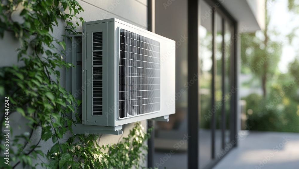 Modern Air Conditioning Unit on a Home Exterior with Greenery Stock ...