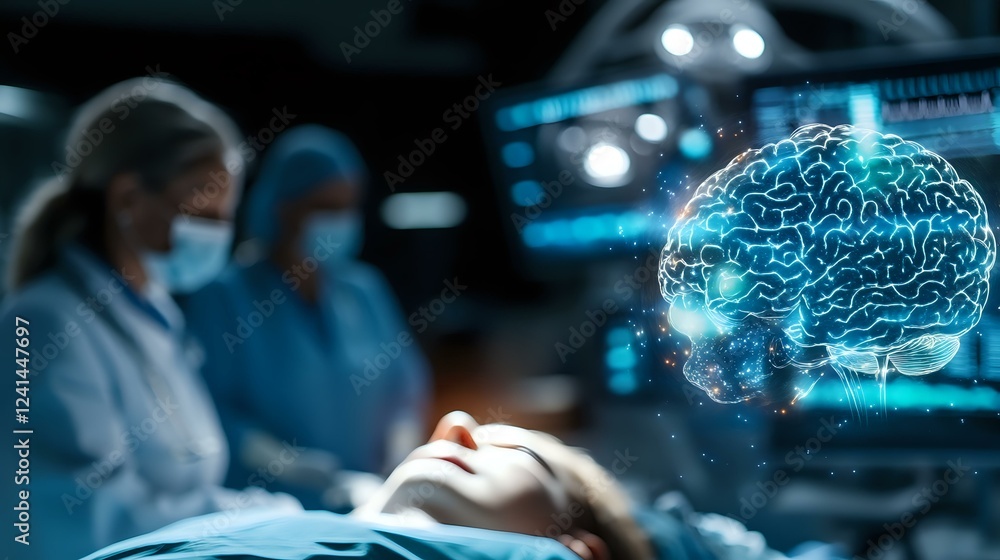 Medical professionals in operating room with holographic brain ...
