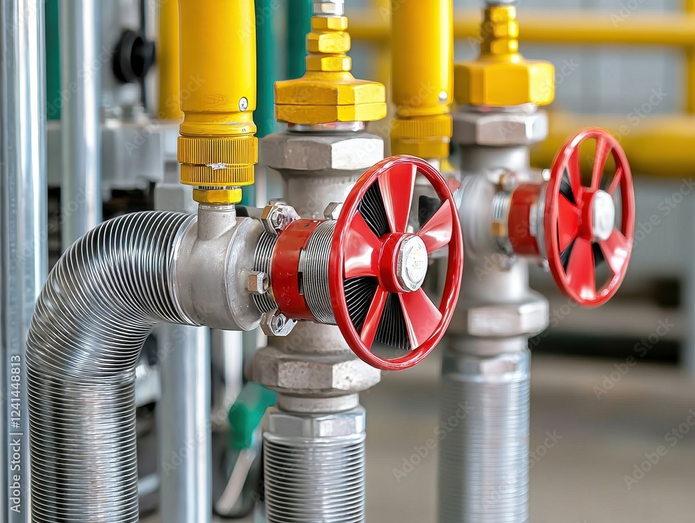 Industrial piping with red valves and yellow fittings, showcasing a ...