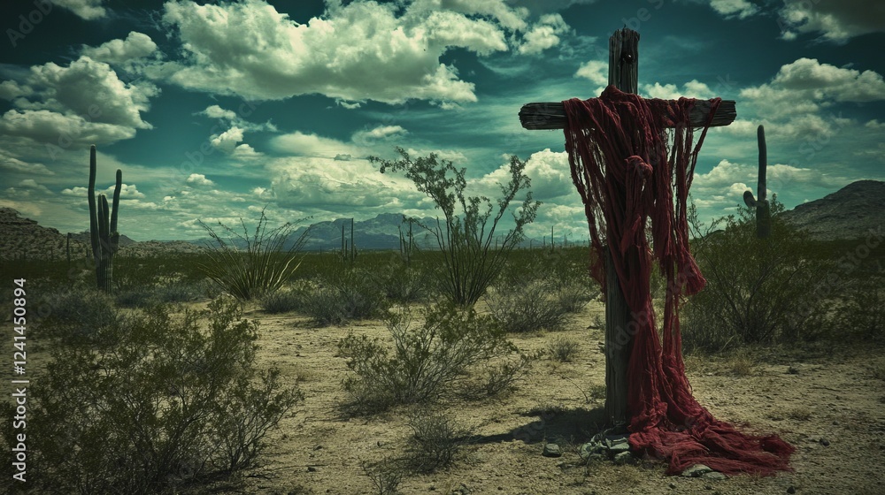 Desert Crucifixion Wooden Cross Draped in Red Fabric, Dramatic ...