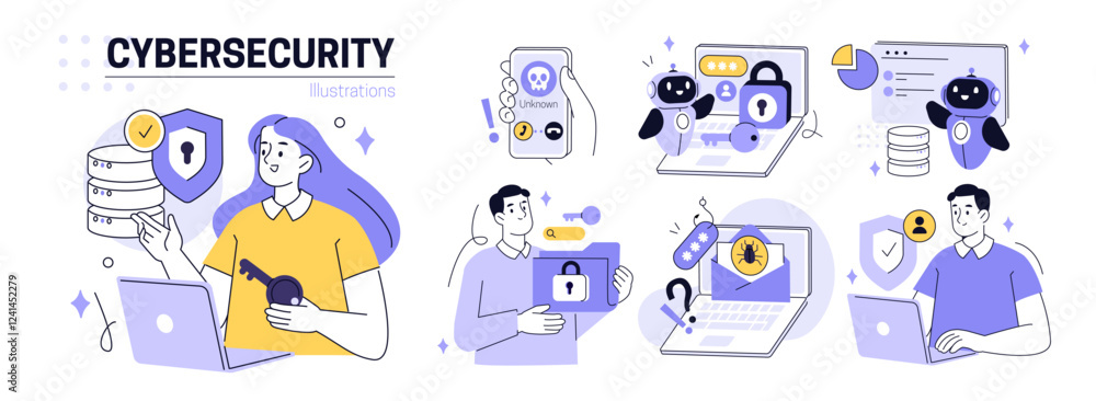 AI technology in security set. Characters using artificial intelligence, algorithms, generative ...