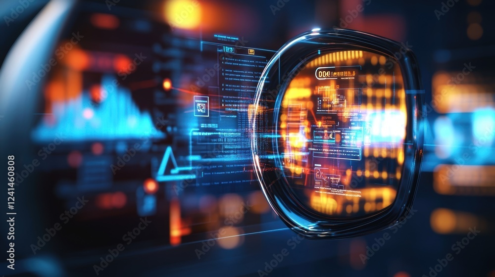 Futuristic head up display showing data and code, managing an innovative manufacturing process ...