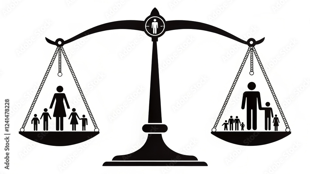 The black silhouette of a balance scale depicts two unequal sides, each ...