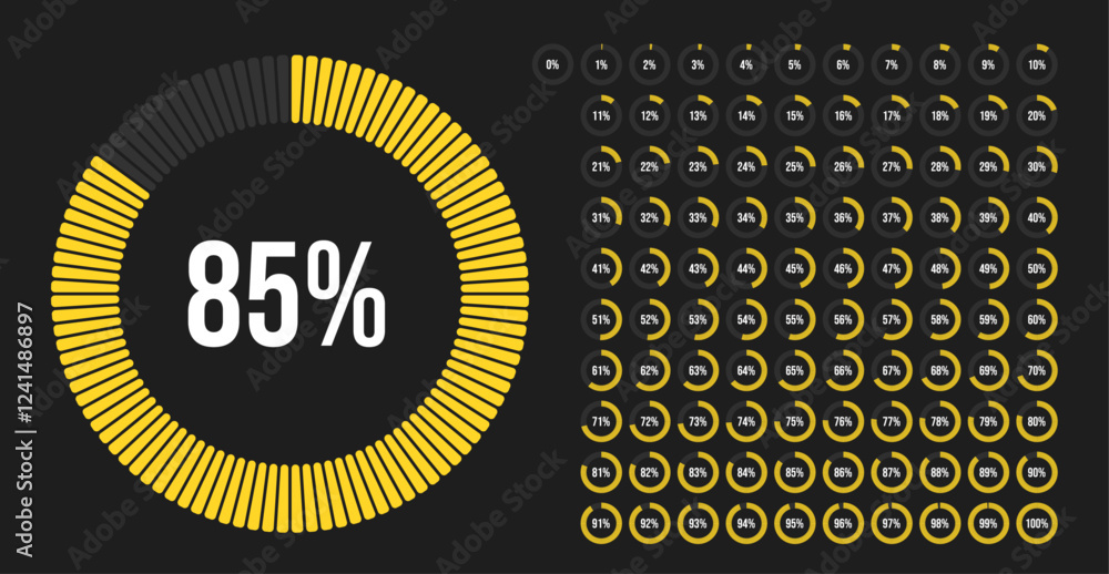 Circle percentage progress pie chart diagram infographic from 0 to 100 percent with yellow ...
