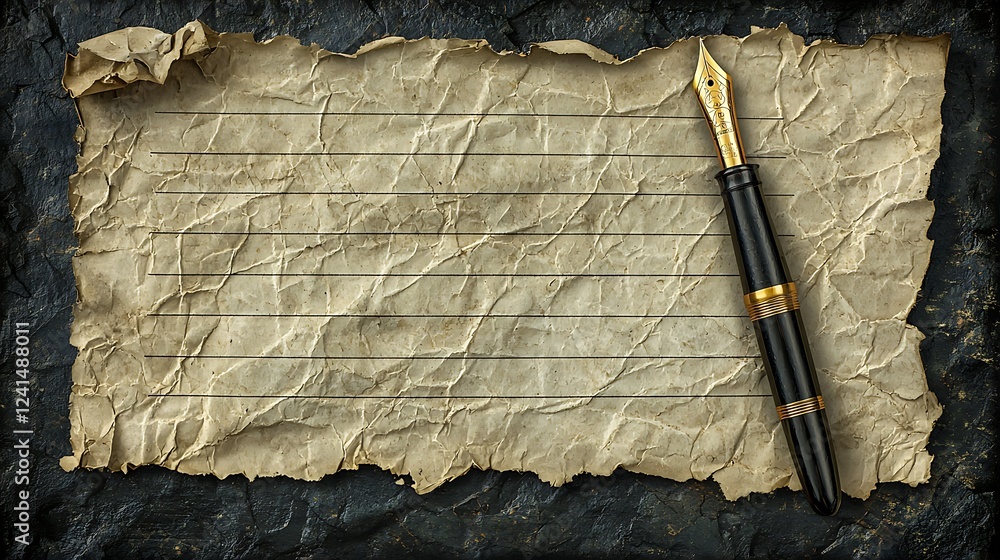 Aged paper, fountain pen, dark background; writing, note-taking ...