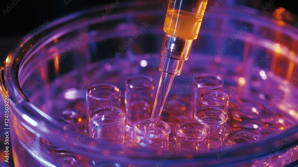 Closeup of a sampling port on the bioreactor showing a collection tube with a stopper ...