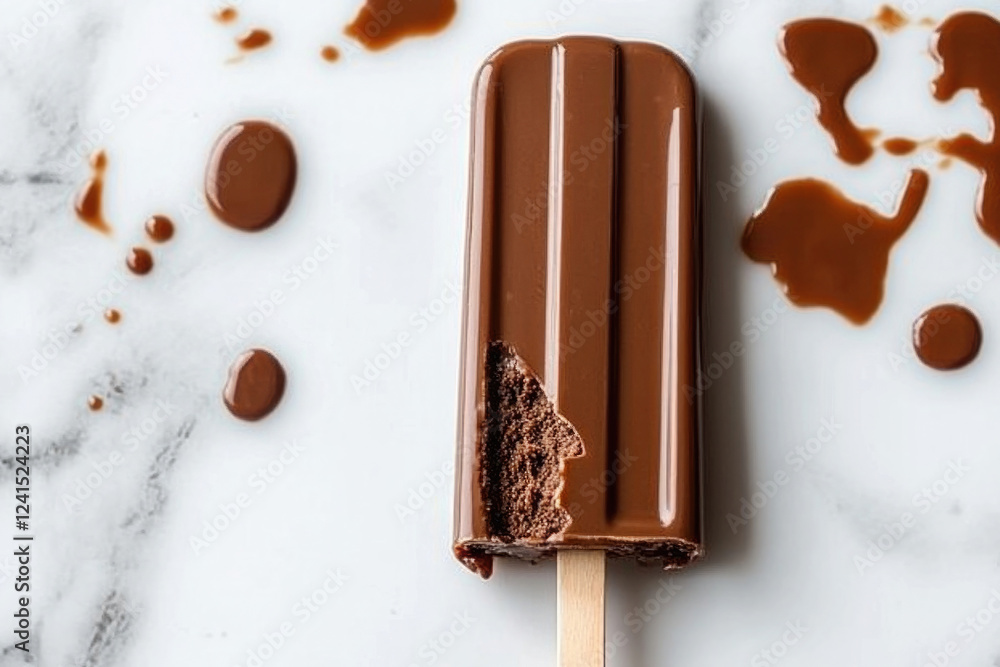 Chocolate popsicle with a bite taken out sits on a white marble surface ...