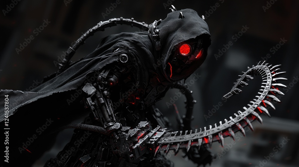 Dark Robotic Figure with Red Eyes and a Large Scythe Weapon Stock ...