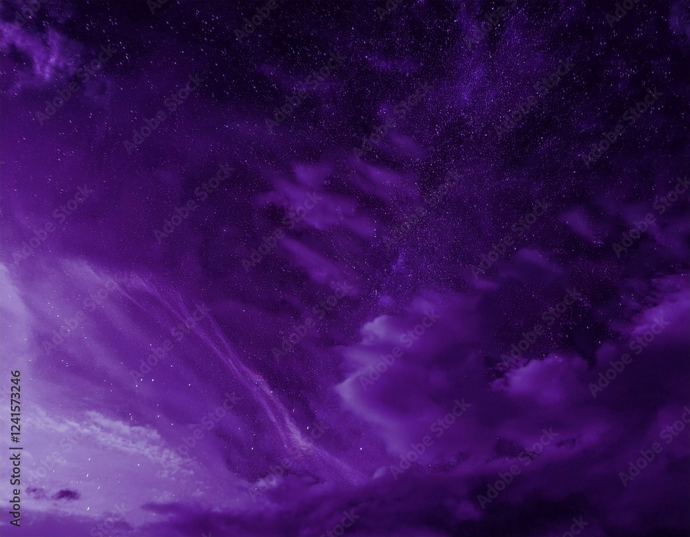 Purple night sky with fluffy clouds and stars. Fantastic sky background ...