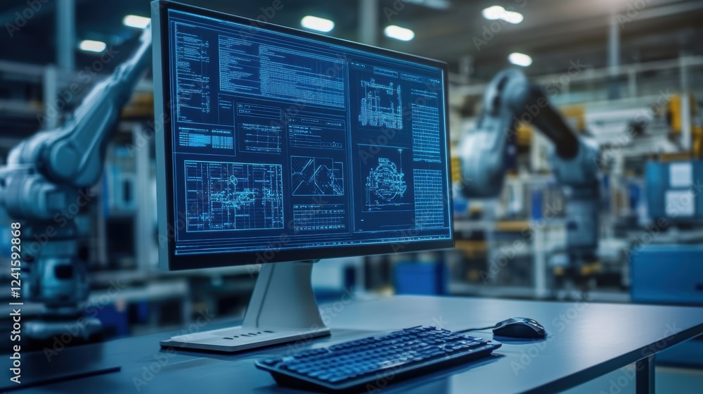 Ilustración de Stock Inside modern factory, computer displaying complex ...