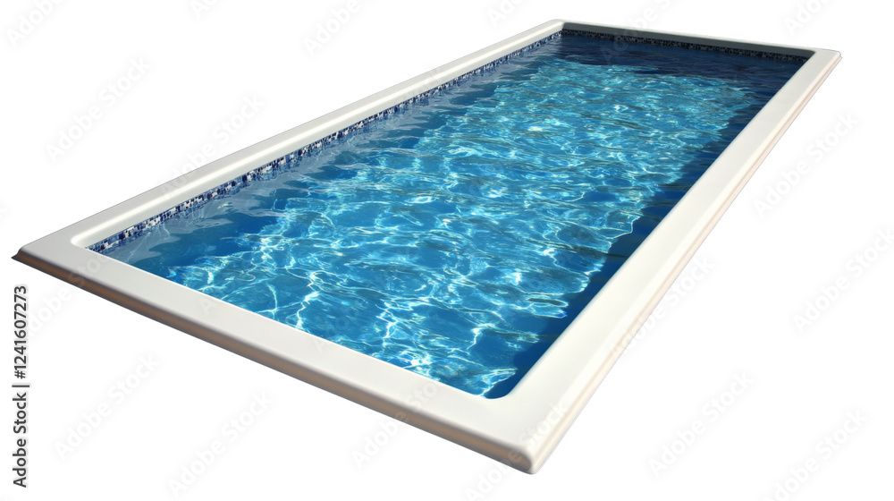 Prefabricated rectangular swimming pool filled with clear blue water on ...