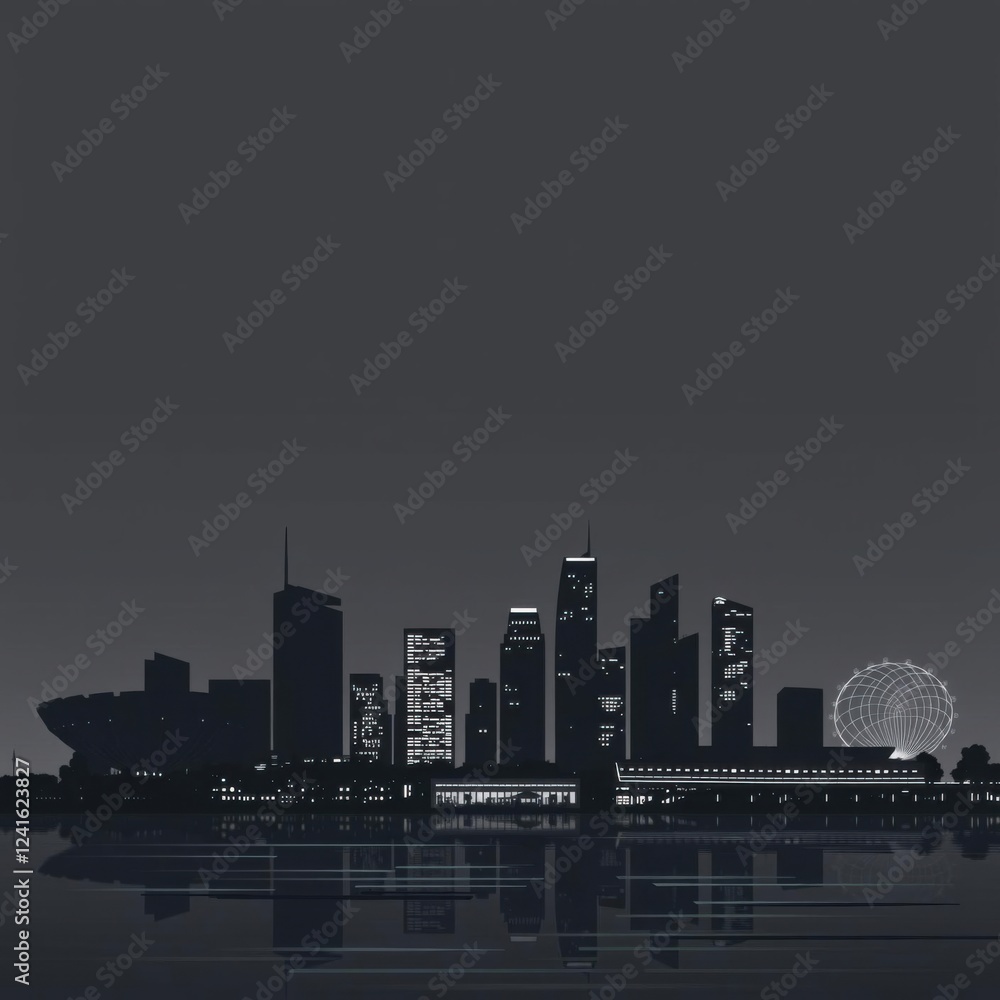 City skyline at night captured form air storyboard black and white ...