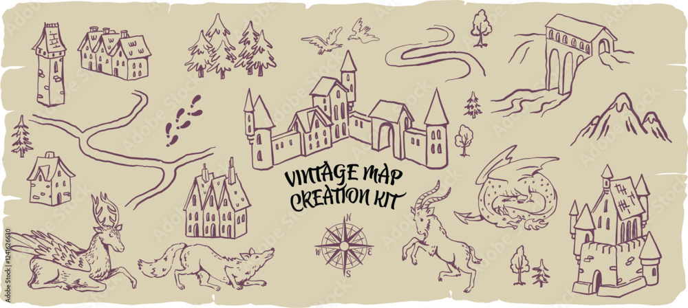Vintage map clipart, antique cartography, old world map elements ...