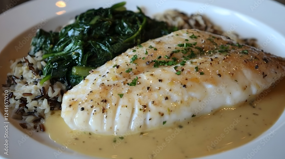 Poached flounder with a ginger lime sauce, served with a side of ...