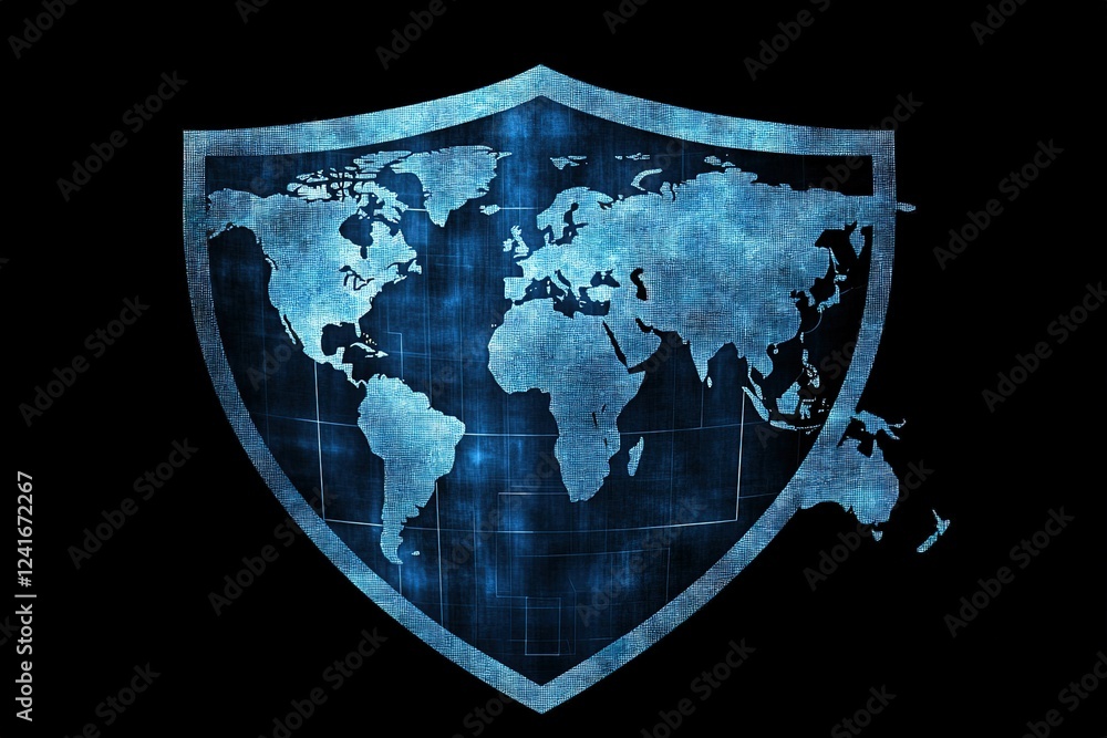 Cybersecurity shield icon over digital world map, global data protection concept, network ...