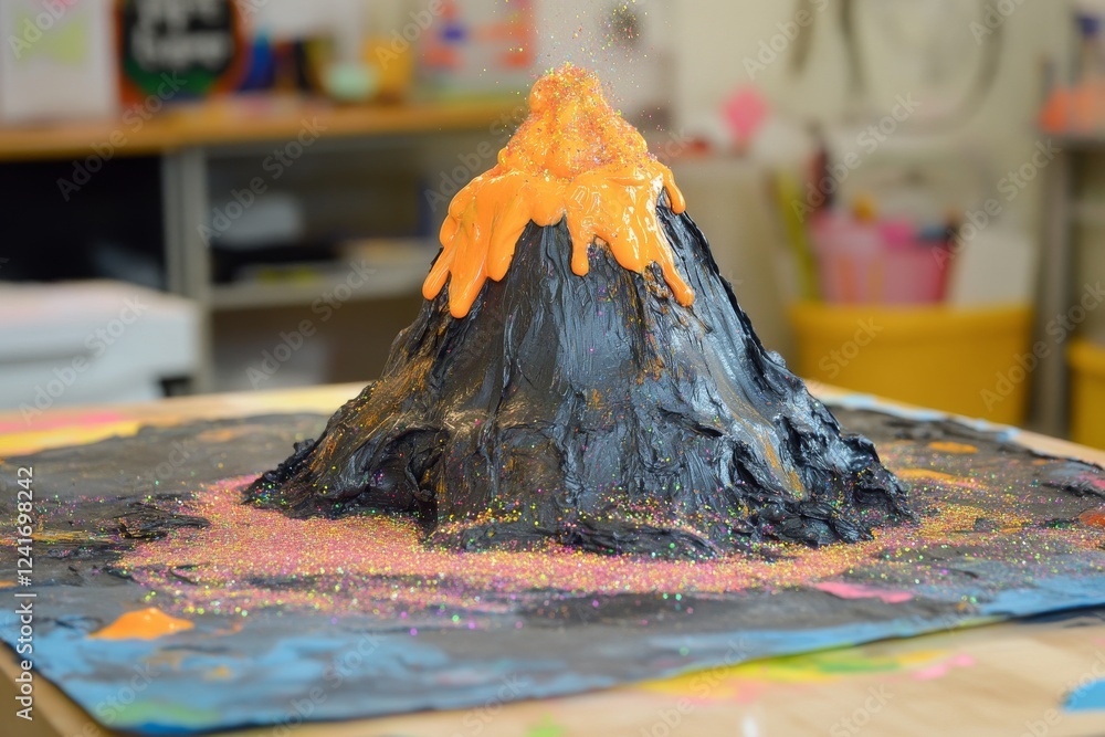 Colorful paper mache volcano eruption in classroom setting Stock Photo ...