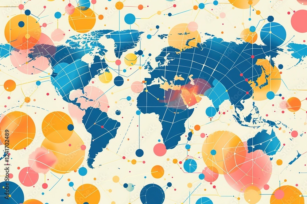 Seamless Pattern Flat Illustration Style World Map Global Telecommunication Network Nodes