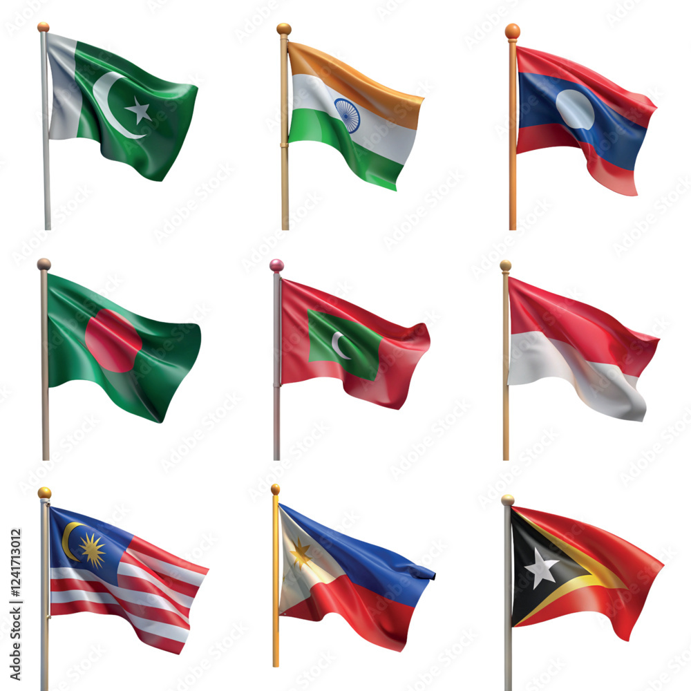 Collection of waving flags of Asian countries 3d icons isolated on the ...