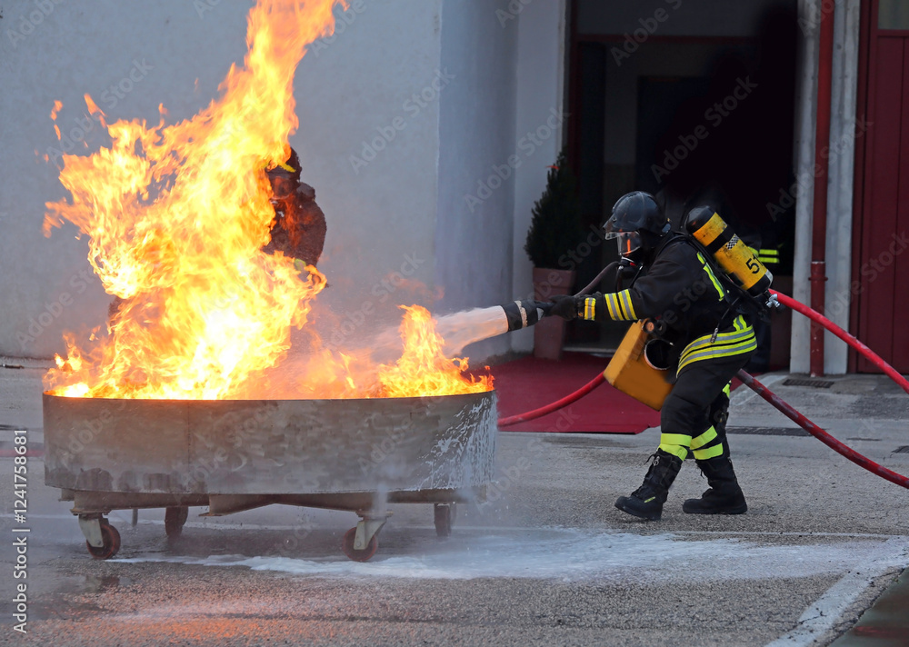 firefighter drill wearing respirator and oxygen tank extinguishing fire ...