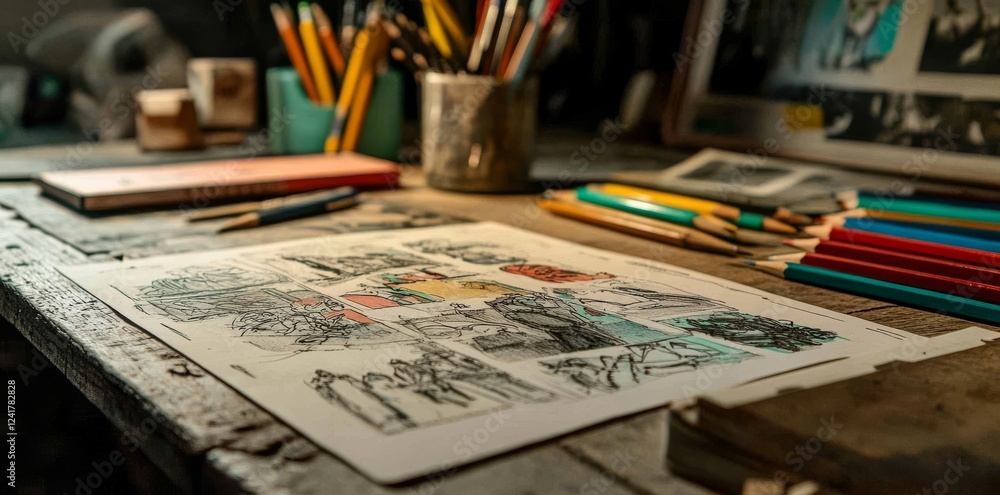Papers and pencils are messy on the desk, next to an open storyboard ...
