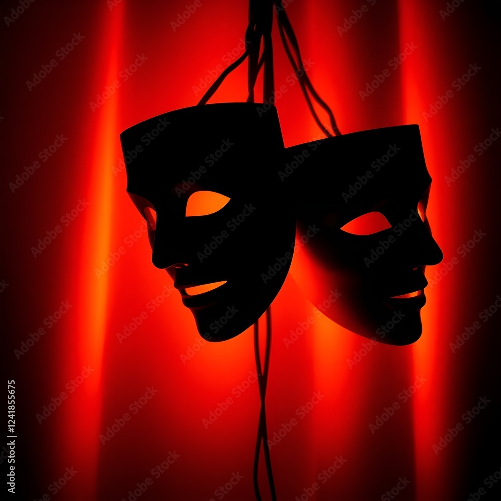 Theater masks hanging in front of dramatic red curtain background Stock ...