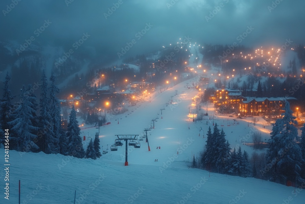 Skiers carve through snow under a bright night sky, surrounded by ...
