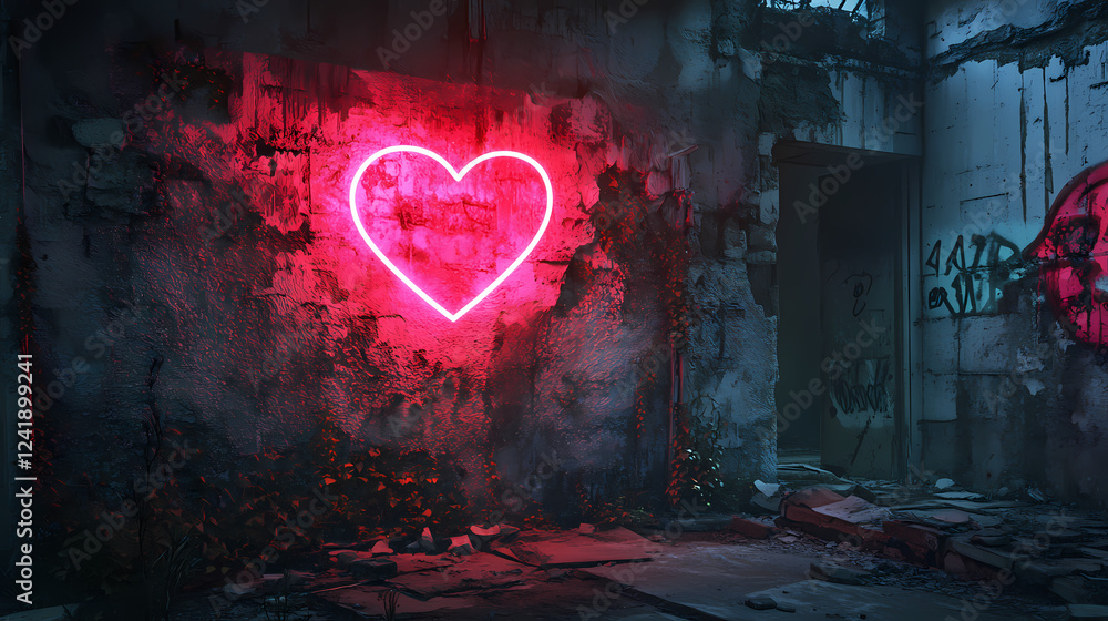 Glowing heart symbol on an abandoned wall, post-apocalyptic urban love ...